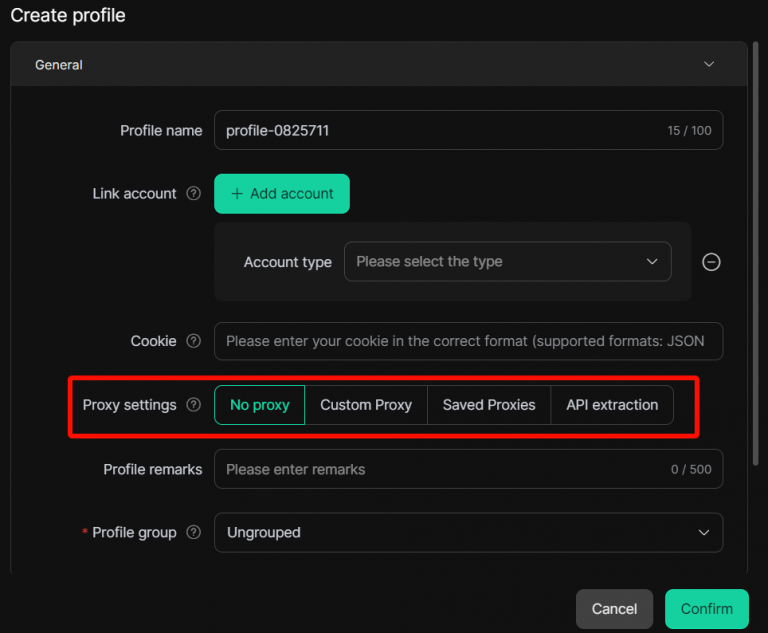 Create profile - Proxy Configuration - dicloak