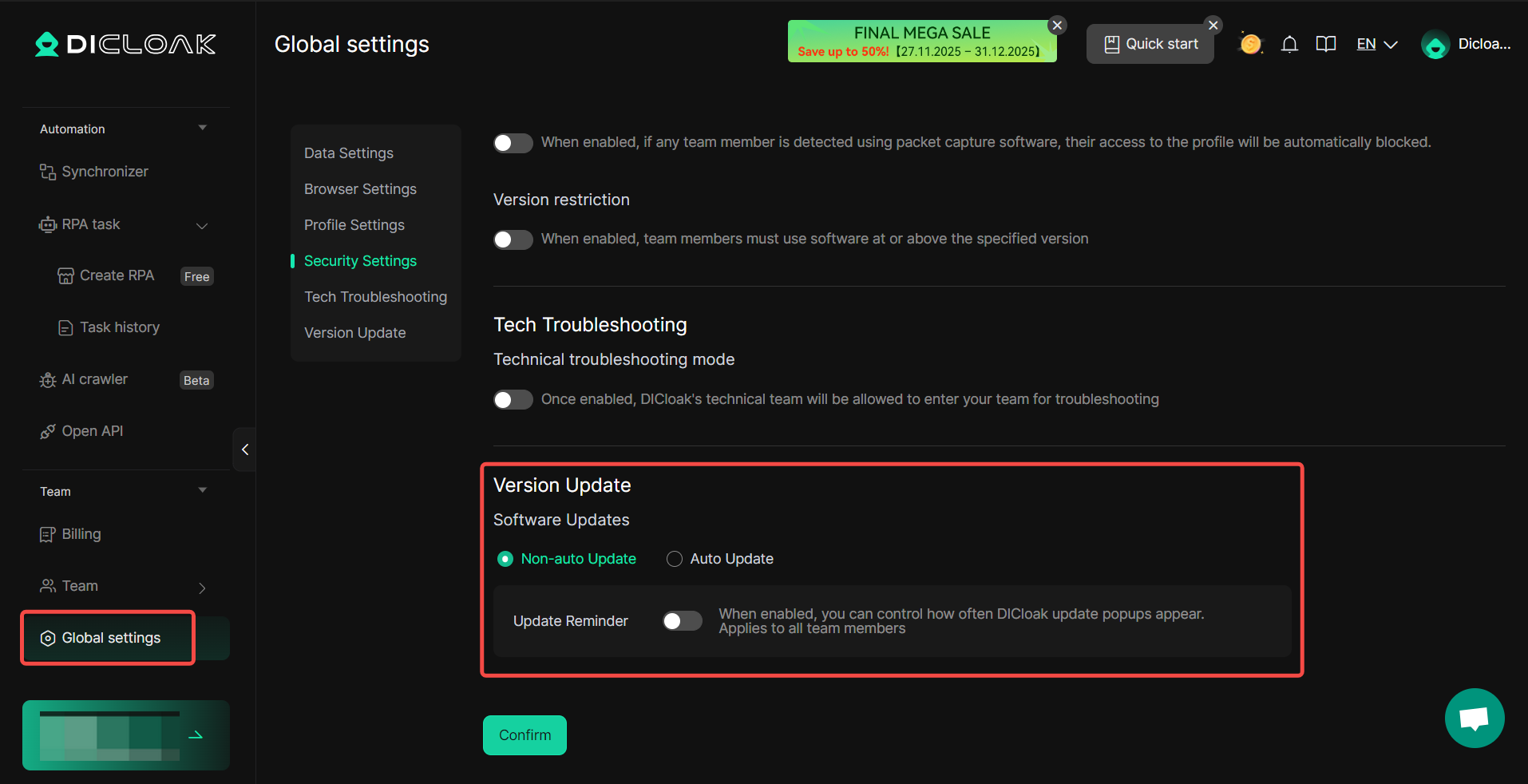 Global Settings-Version Update - dicloak
