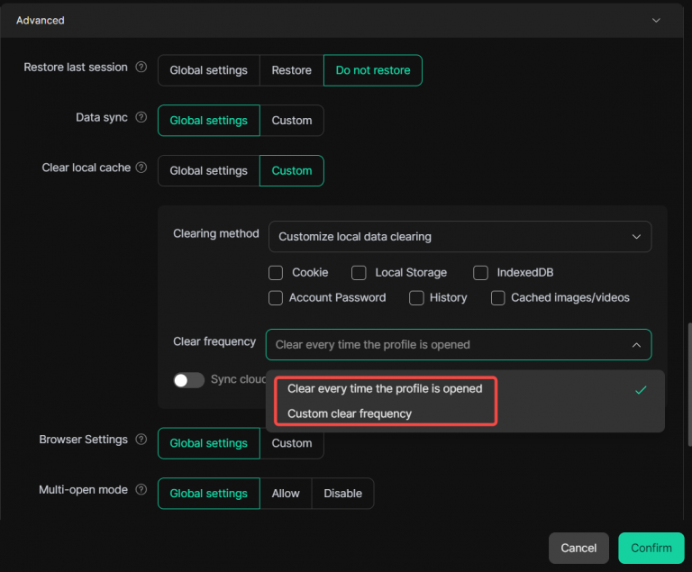 Create profile – Advanced Settings - dicloak