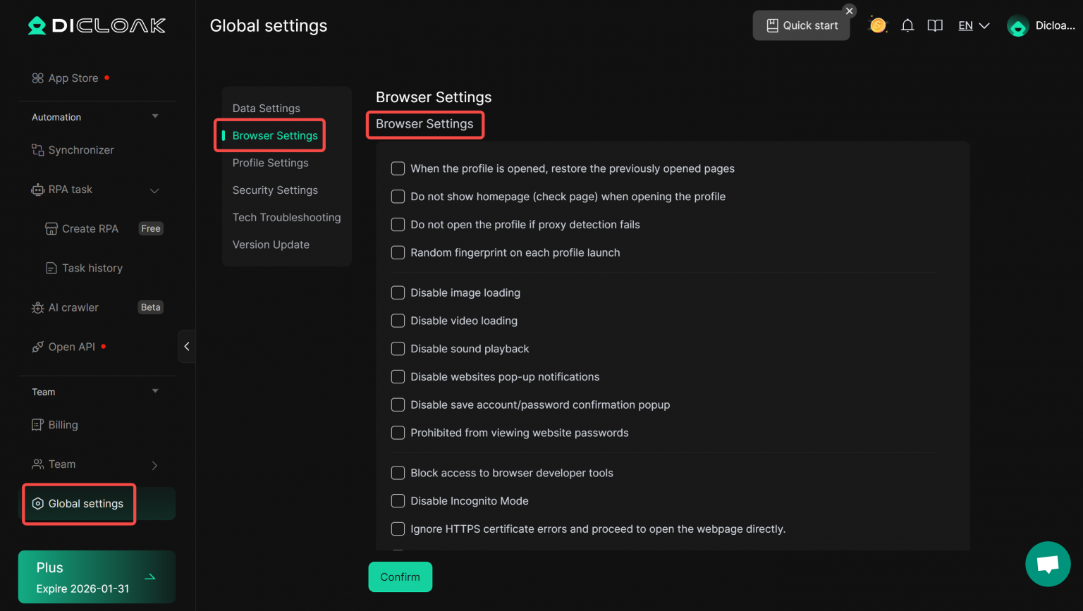 Global Settings-Browser Settings - dicloak