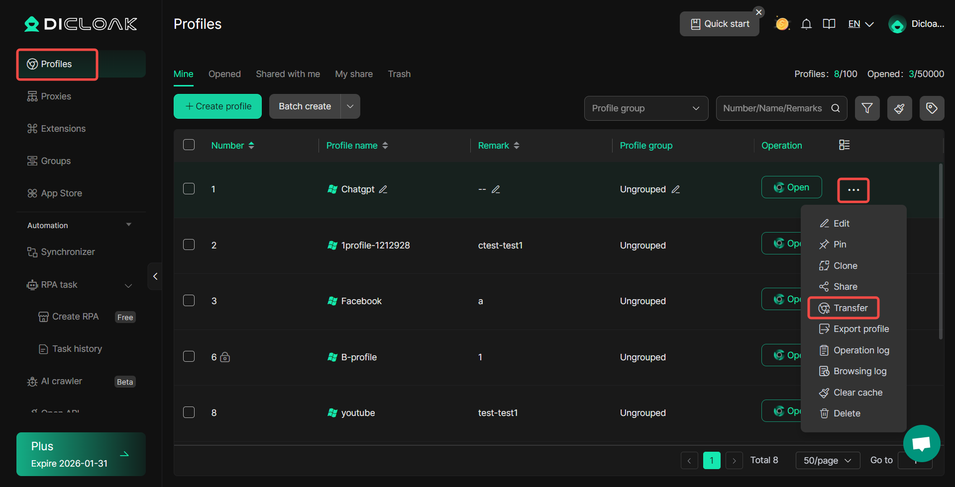 Profile Management - Transfer Profiles - dicloak